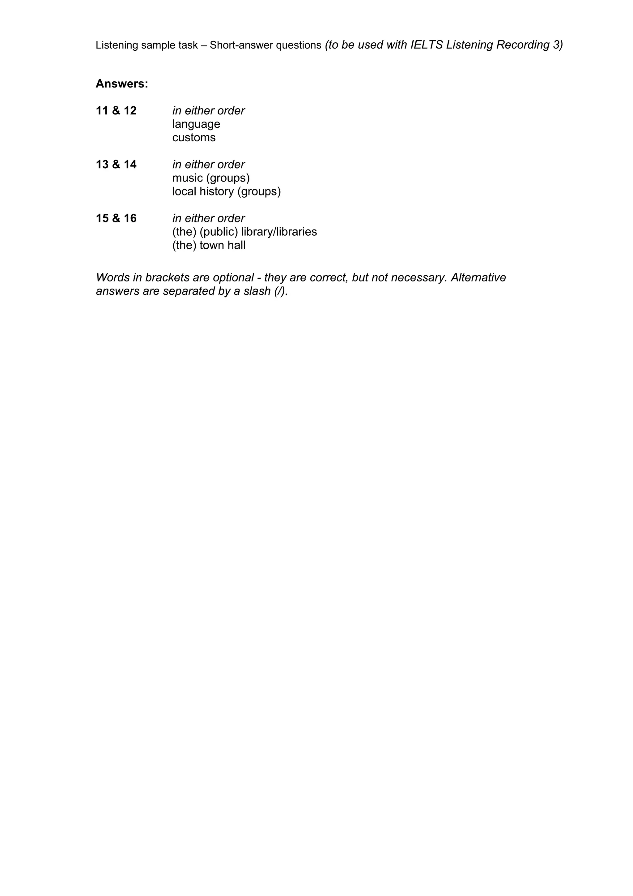 Listening sample task short answer | PDF