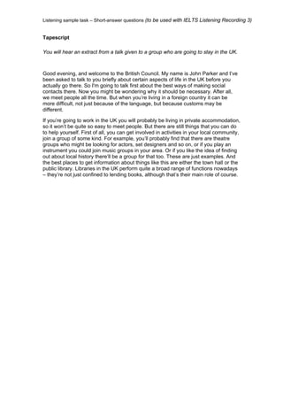 Listening sample task short answer | PDF