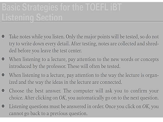 Listening section toefl ibt | PPTX | Educational Assessment | Education