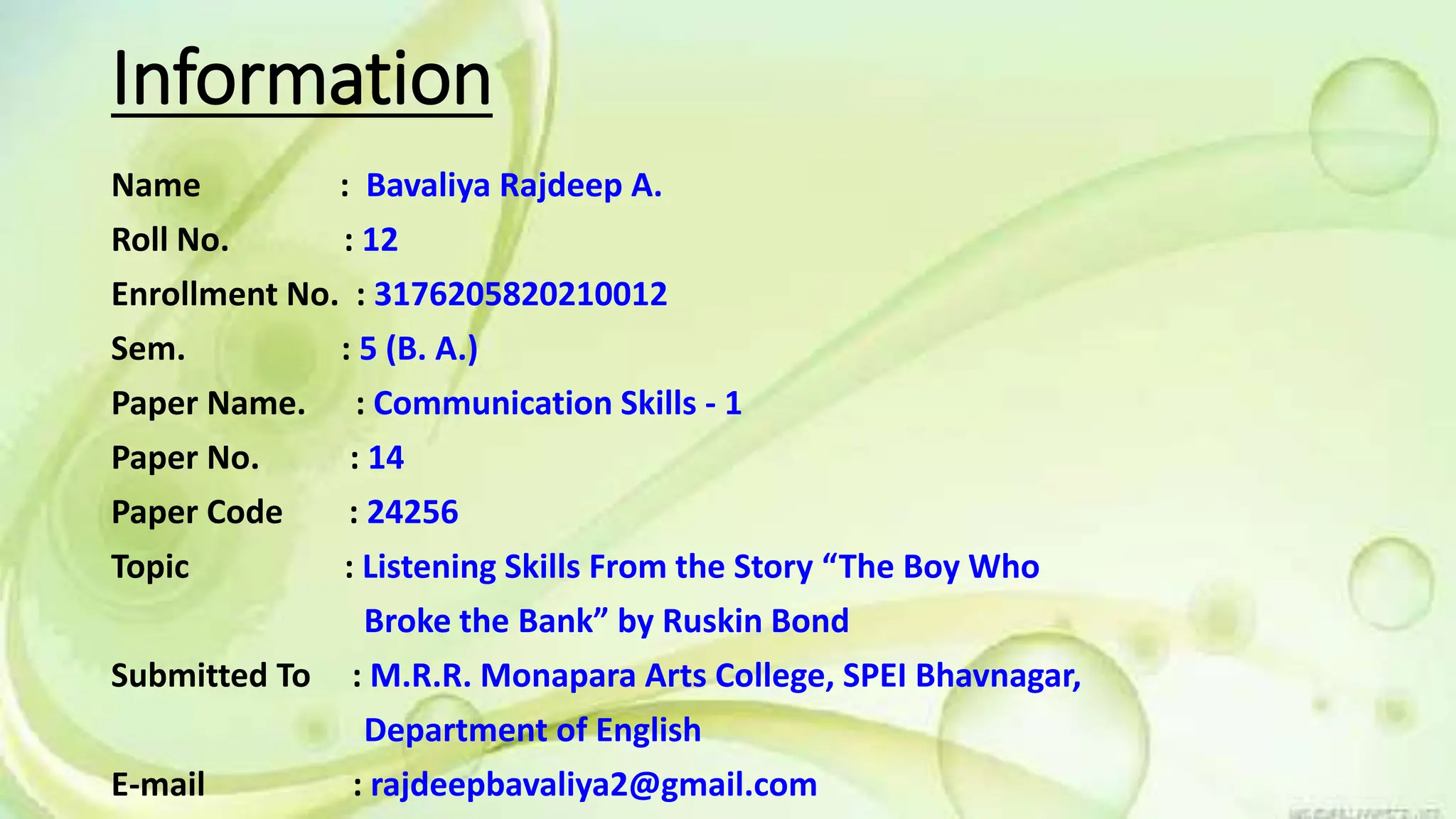 Listening Skills From the Story “The Boy Who Broke the Bank” by Ruskin Bond | PPTX