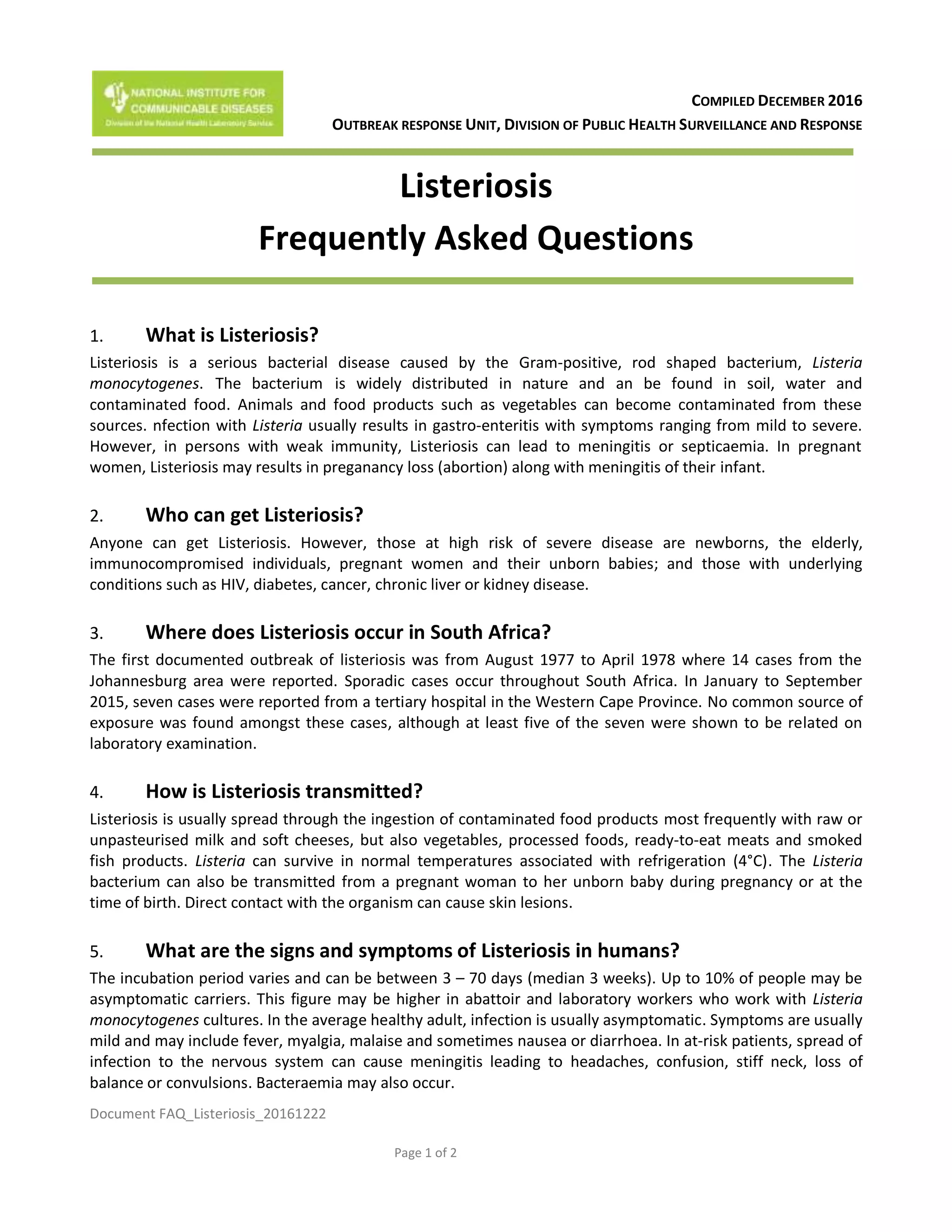 Listeriosis frequently asked questions | PDF