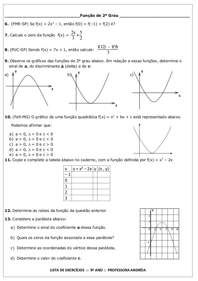 Listão 9º ano - Função de 1º e 2º grau e Probabilidade