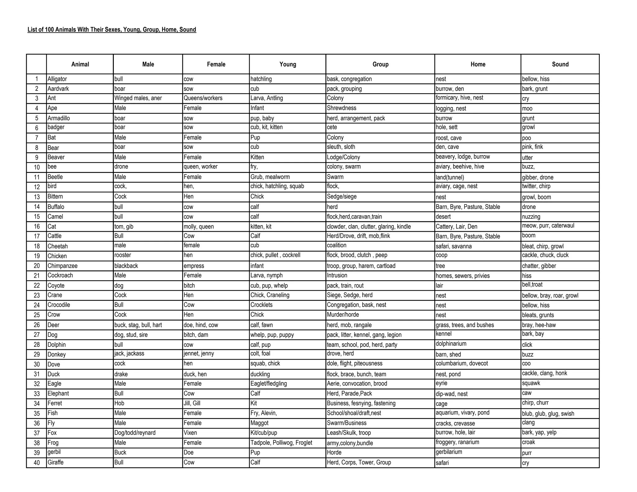 List of 100 animals with their sexes young group home sound | PDF