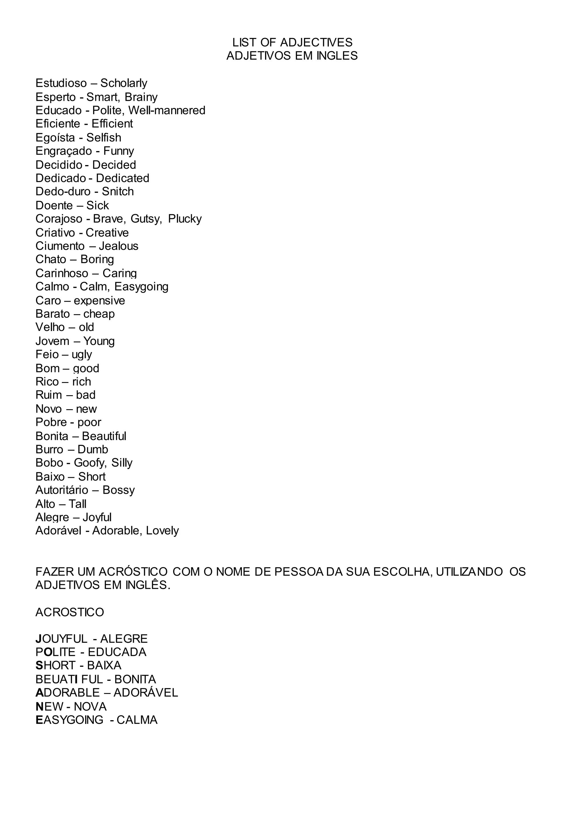 List of adjectives | DOCX