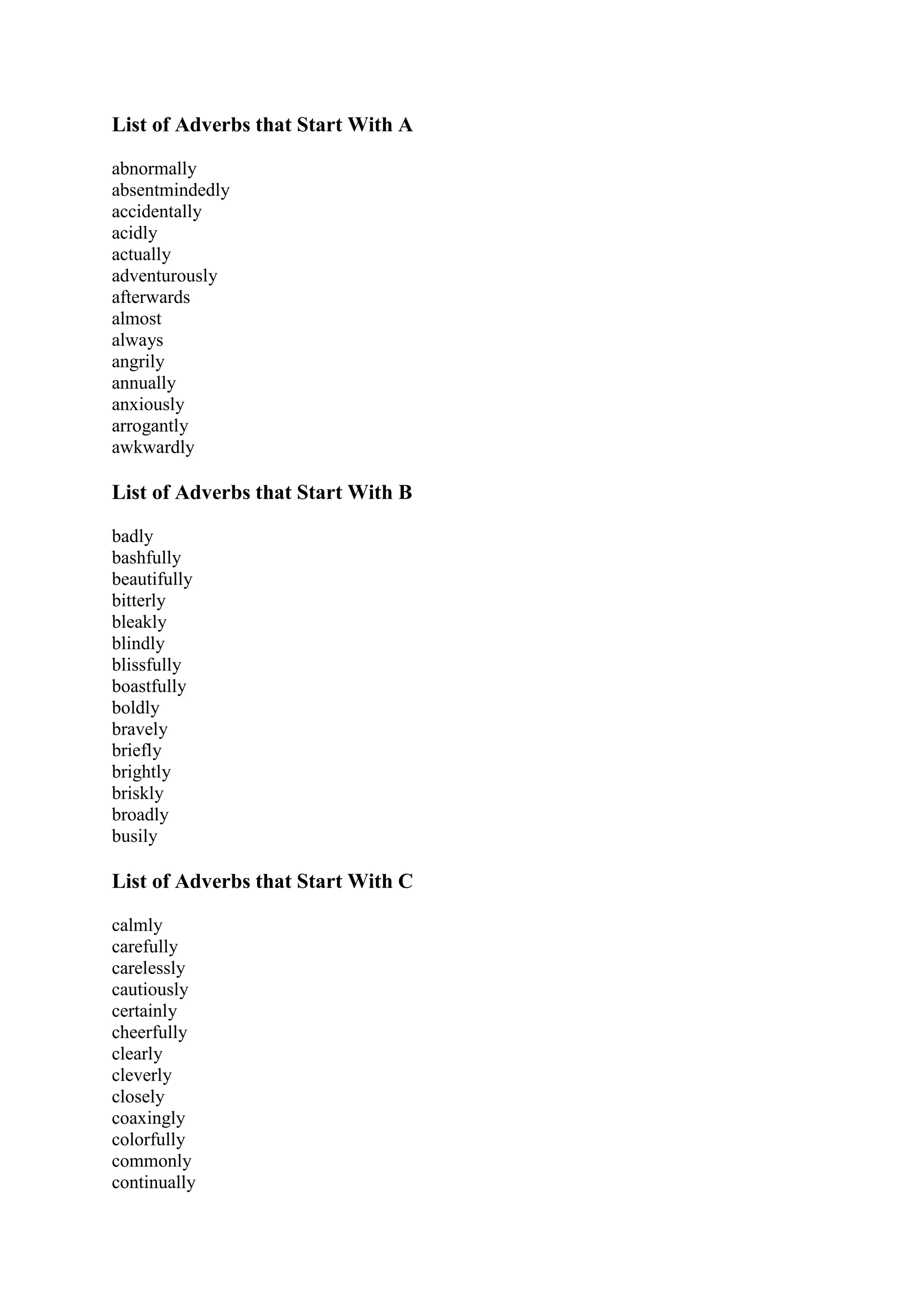 List of adverbs that start with a | DOCX