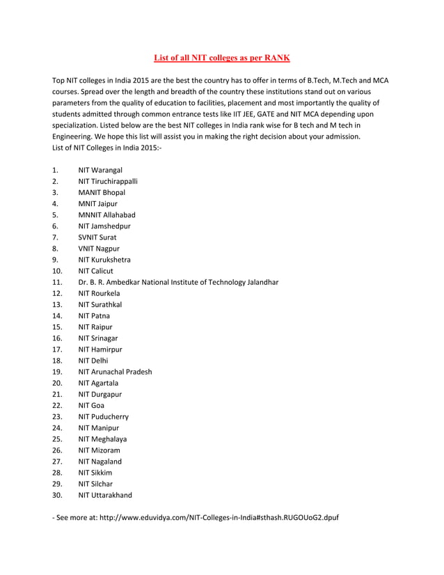 List of all nit colleges as per rank | PDF | College Education | Education
