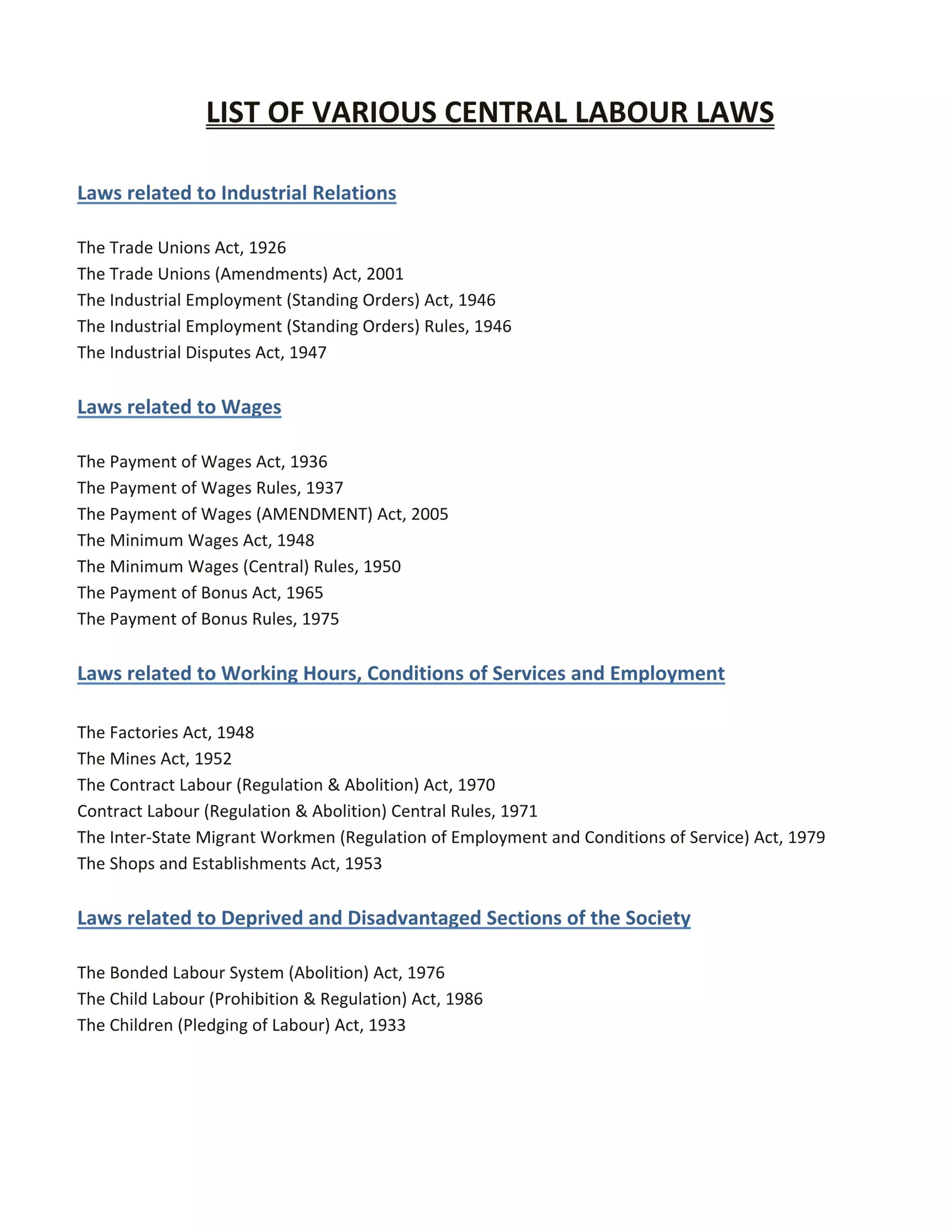 List of central labour laws | PDF