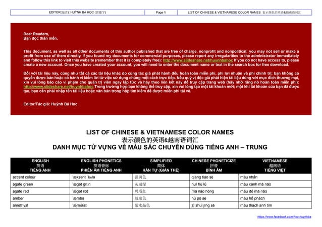 LIST OF CHINESE & VIETNAMESE COLOR NAMES 表示颜色的英语&越南语词汇 DANH MỤC TỪ VỰNG ...