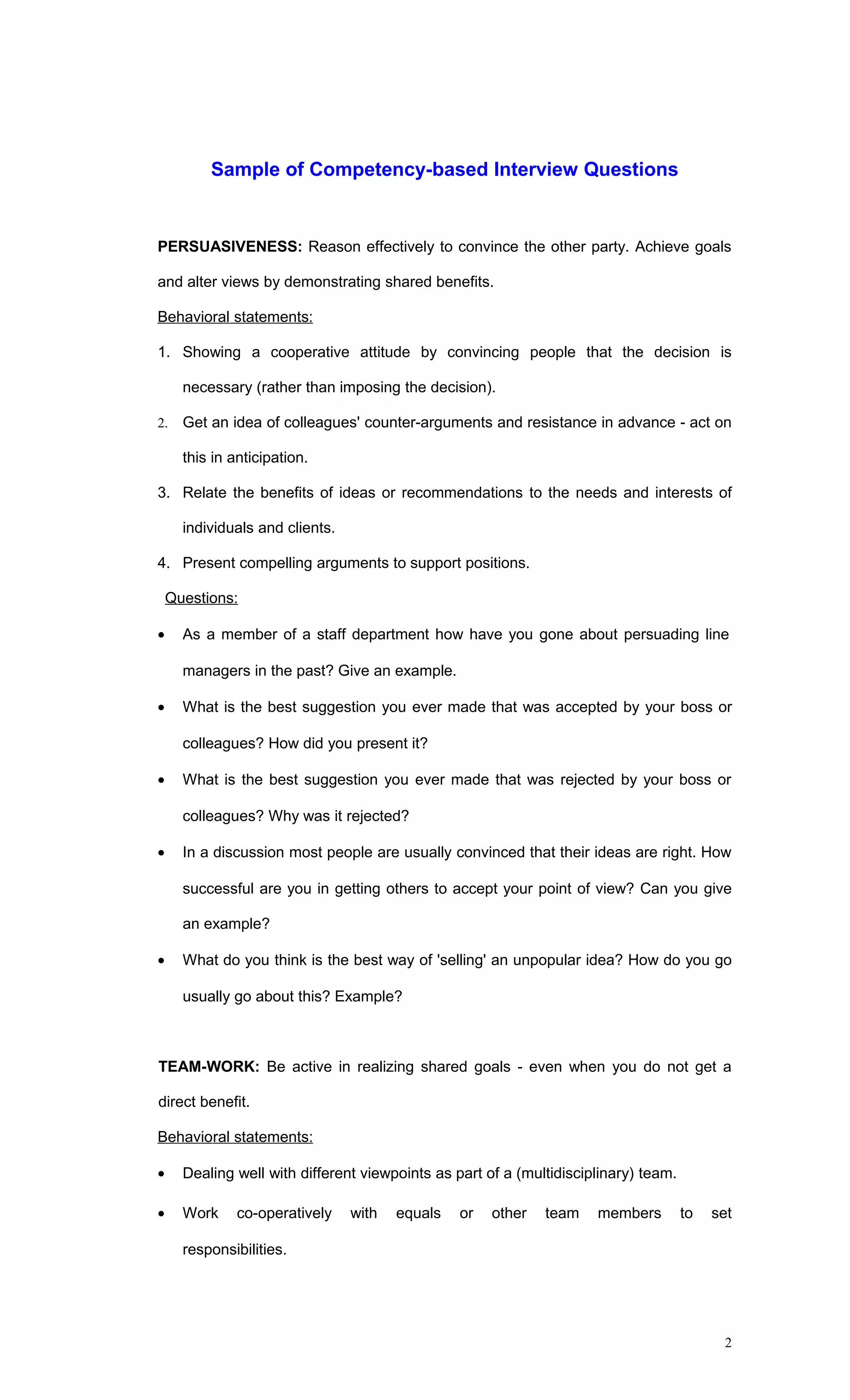 List of competency based interview questions | DOC