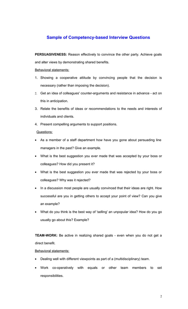 List of competency based interview questions