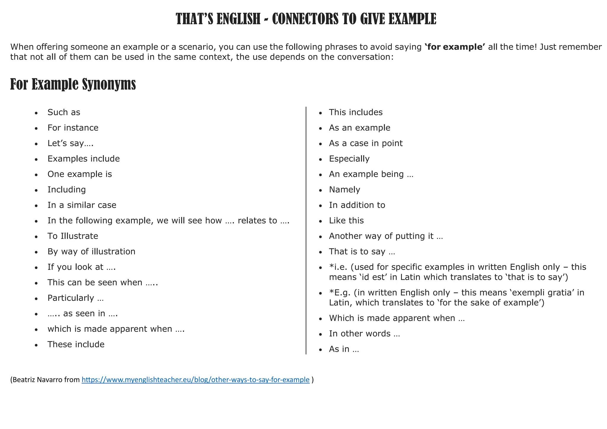 Connectors to give EXAMPLE in English focused on writing | PPT