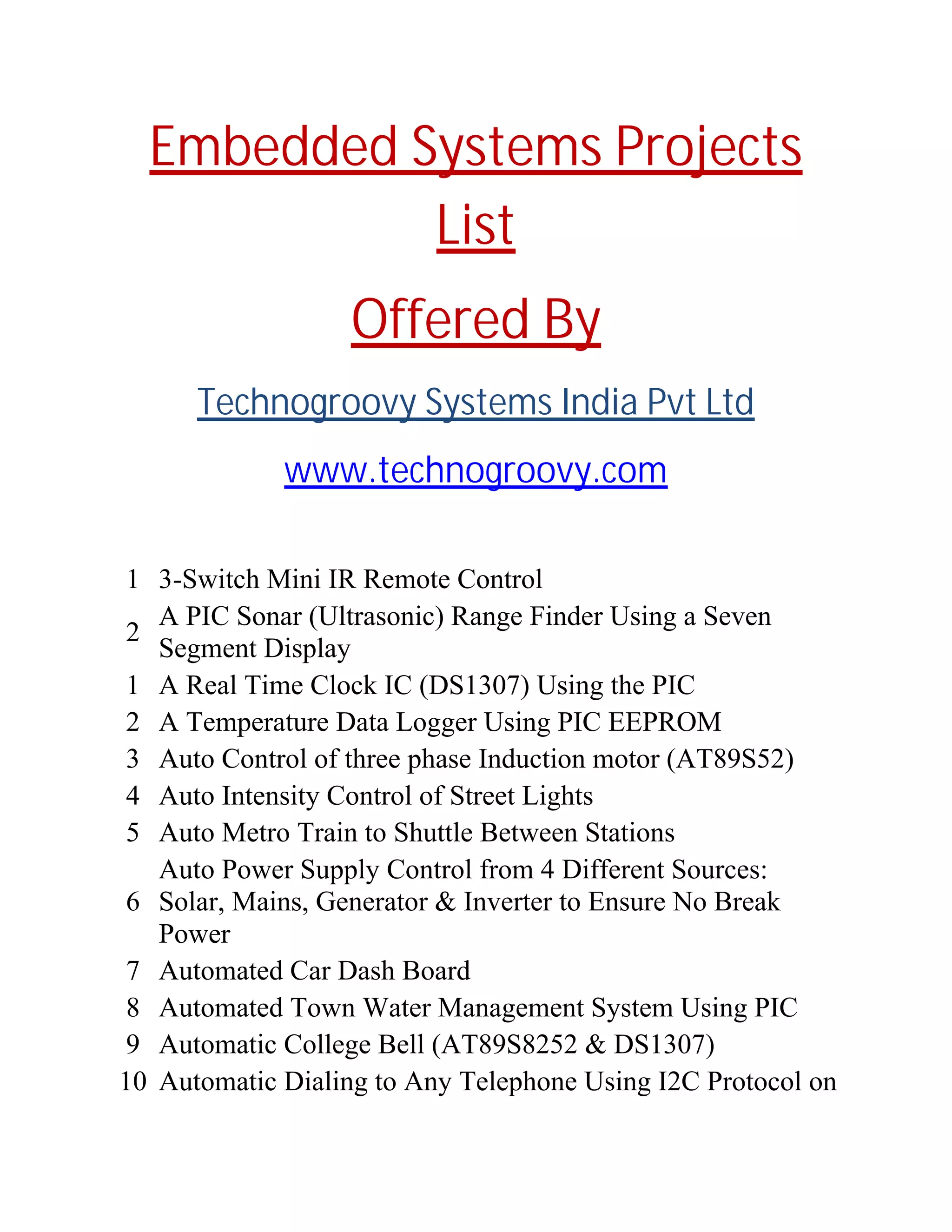 Embedded Systems Projects List,Ece/Electronics Projects List | PDF