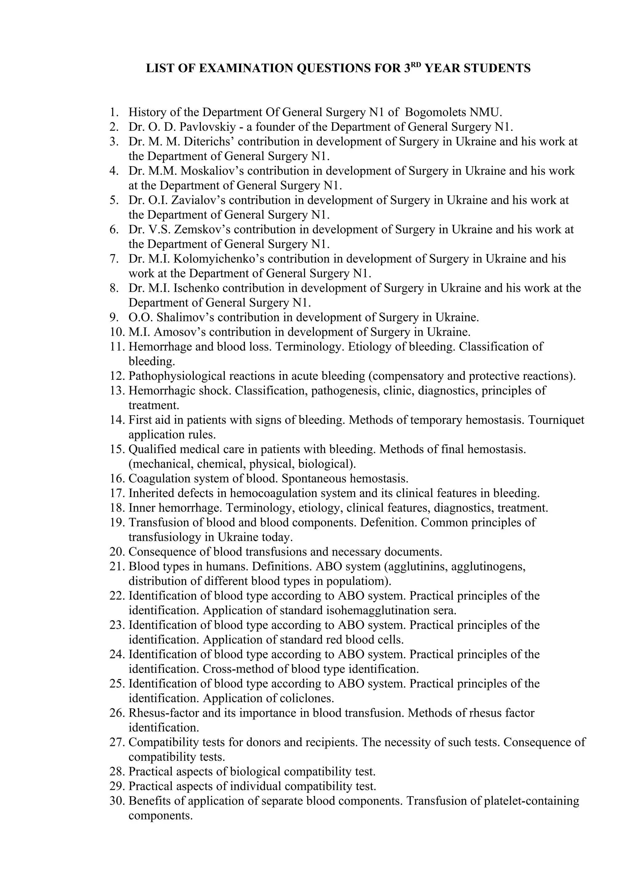 Bohomolets 3rd year Surgery Exam Questions | DOC