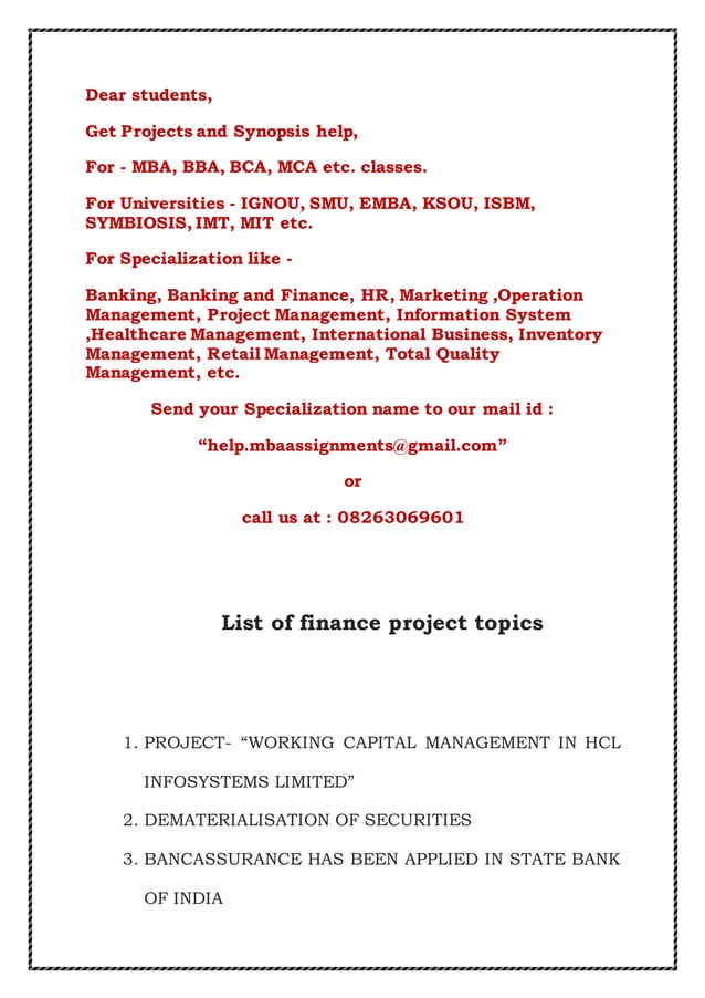 List of finance project topics