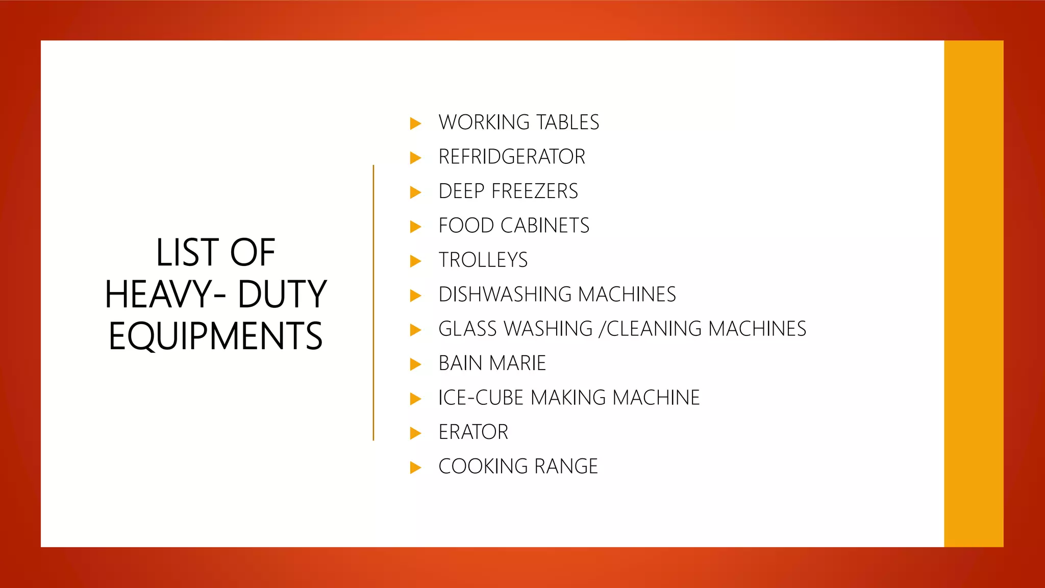 List of heavy duty and light duty equipments used in F&B outlets. | PPTX
