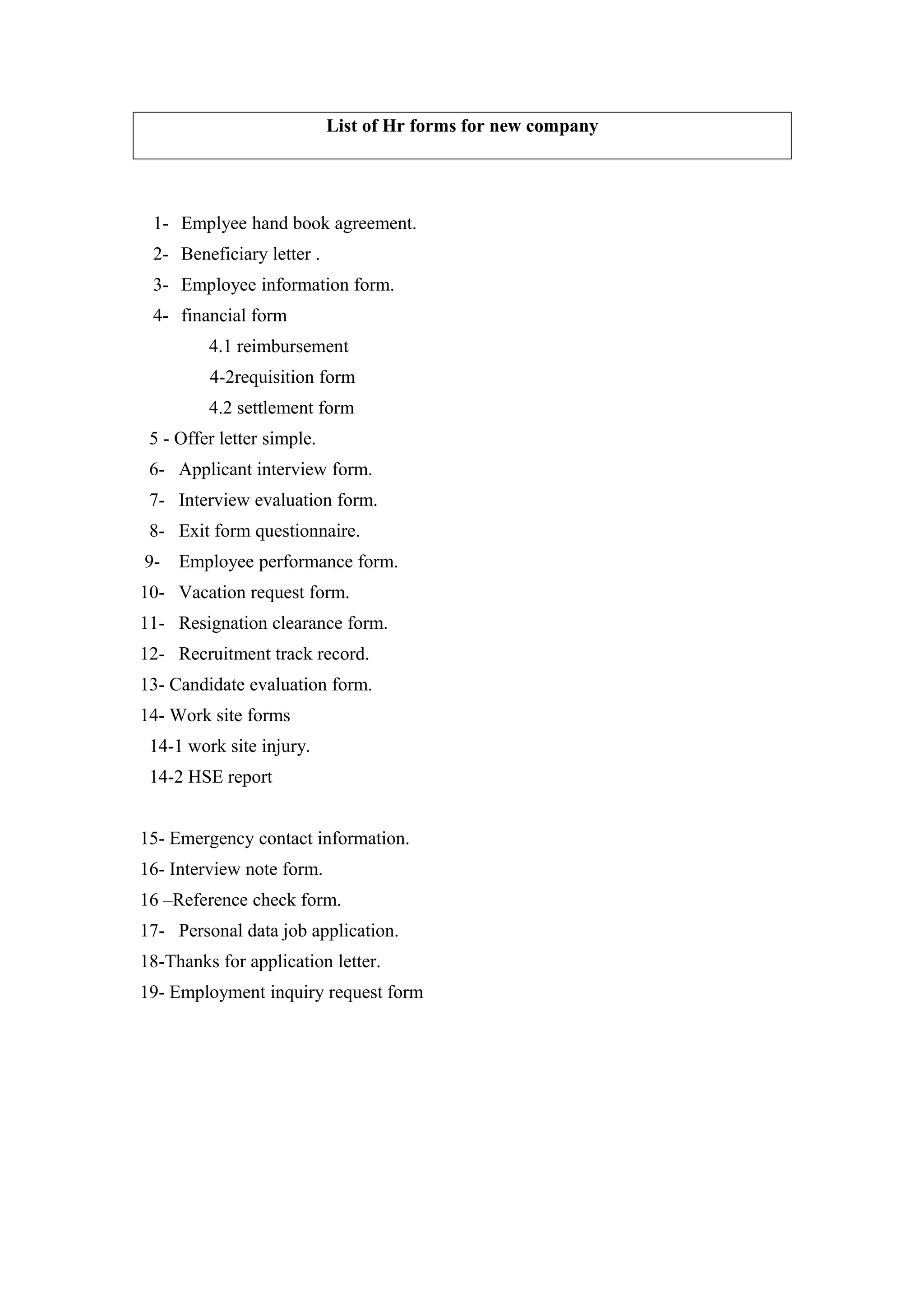 List of hr forms for new company | DOC | Human Resources | Business