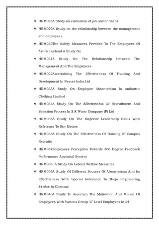 List of hr project topics | DOCX