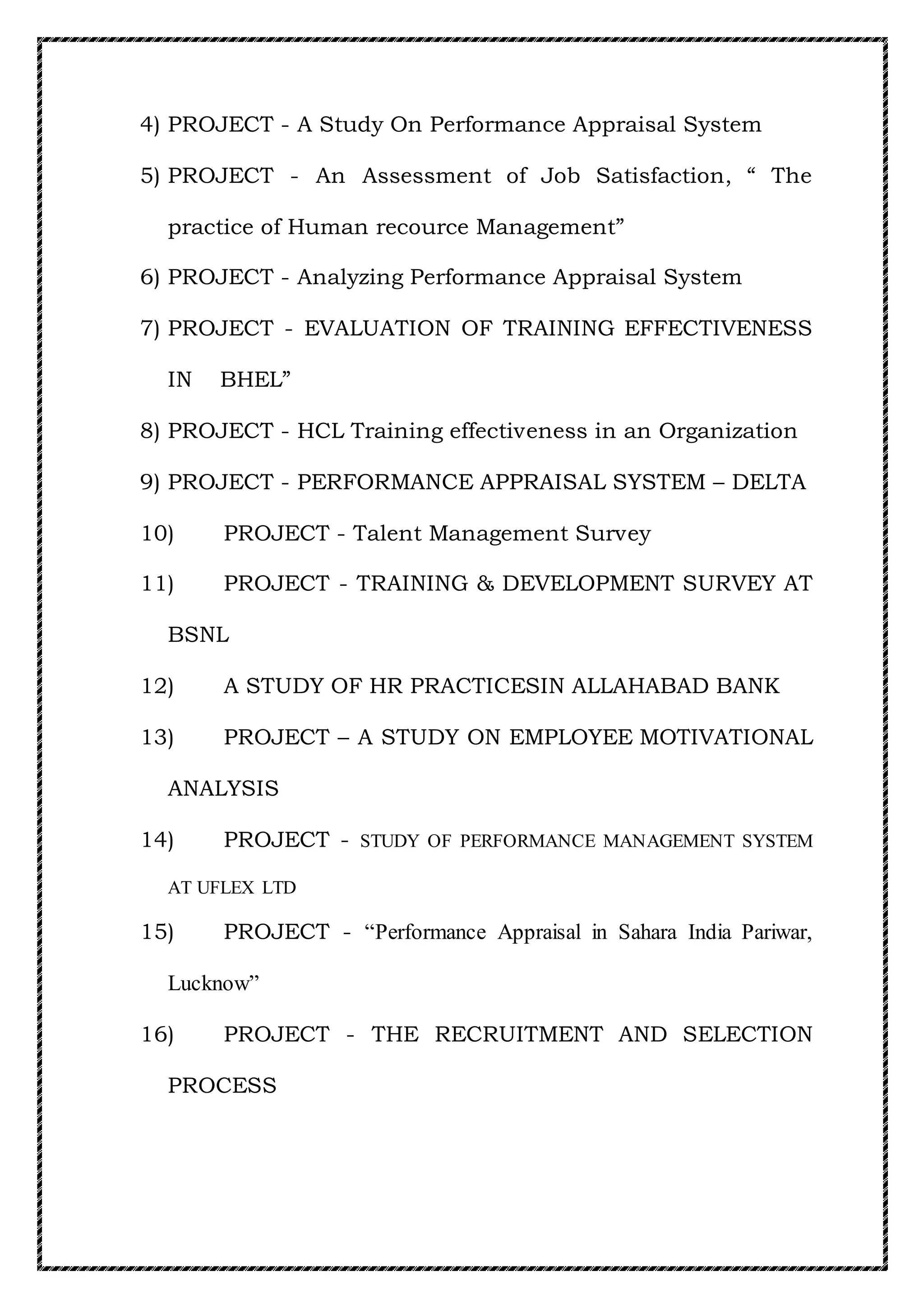 List of hr project topics | DOCX