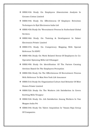 List of hr project topics | DOCX