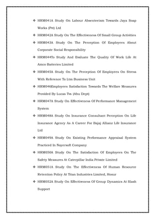 List of hr project topics | DOCX