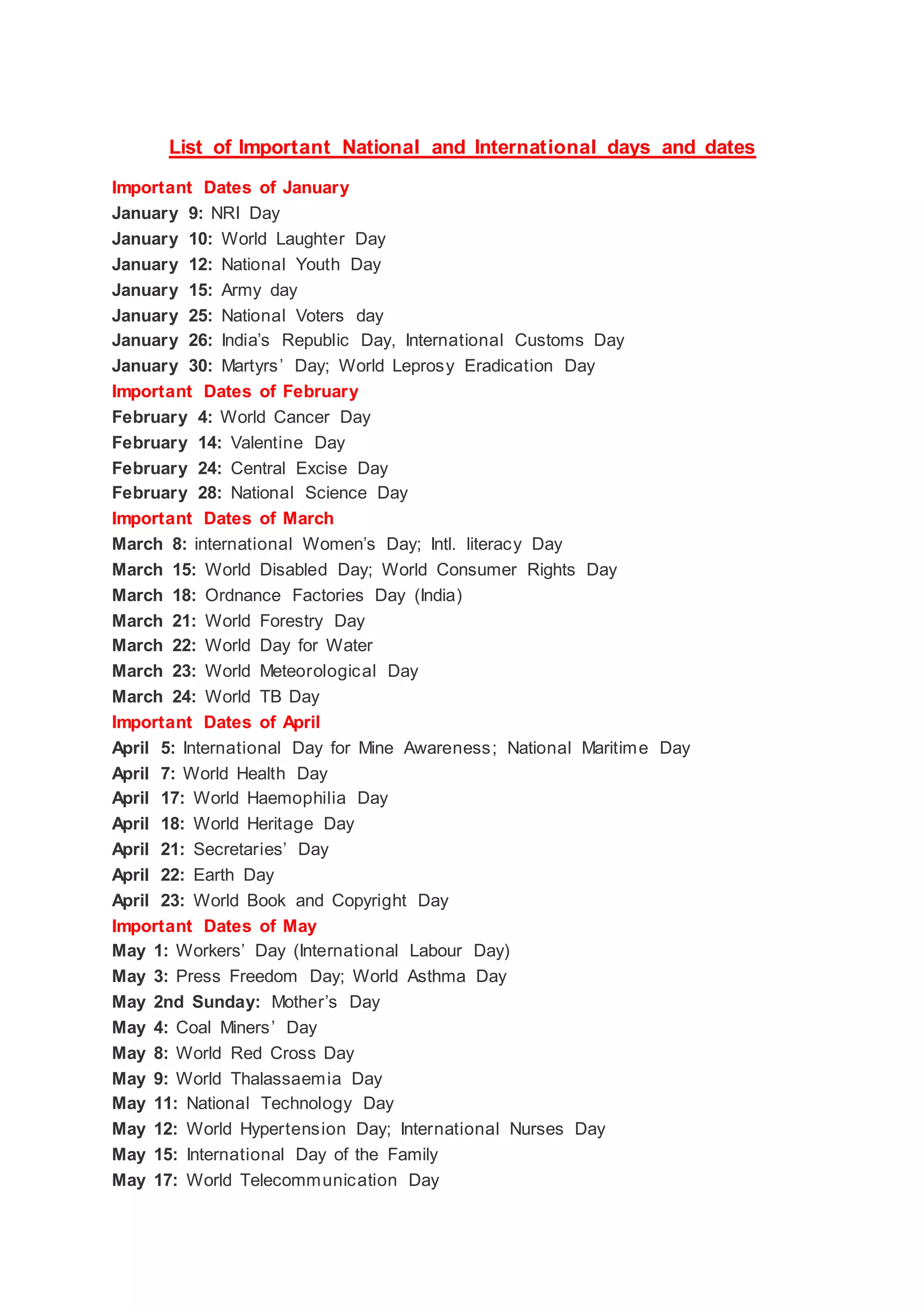 List of important national and international days and dates | DOCX