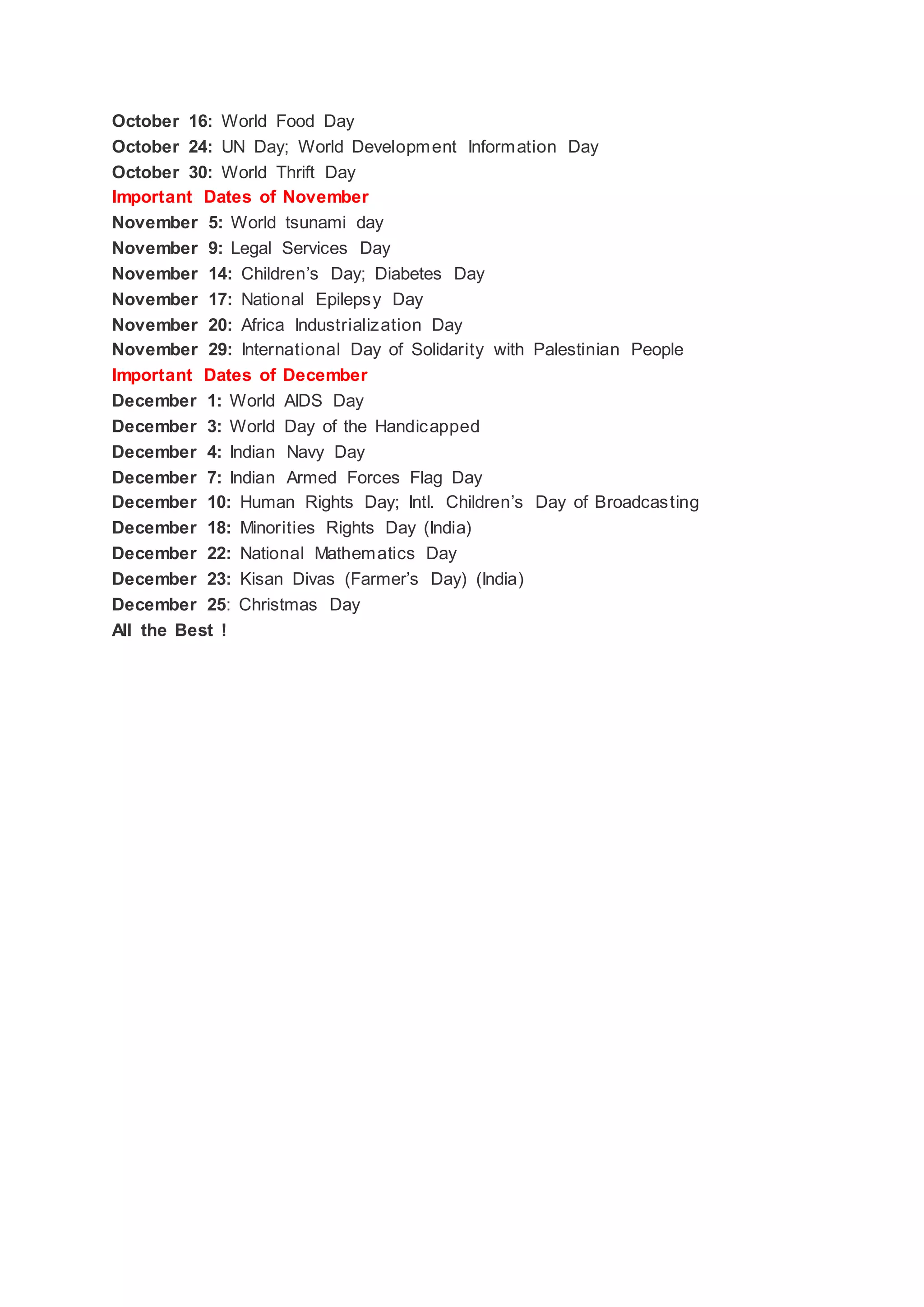 List of important national and international days and dates | DOCX