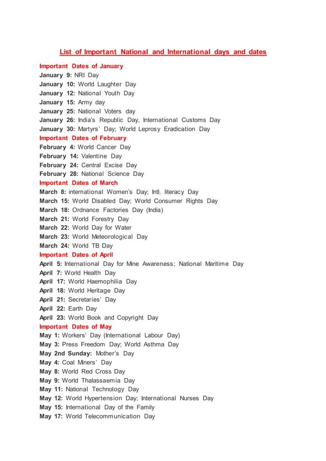 List of important national and international days and dates | DOCX ...
