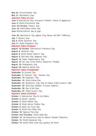 List of important national and international days and dates | DOCX