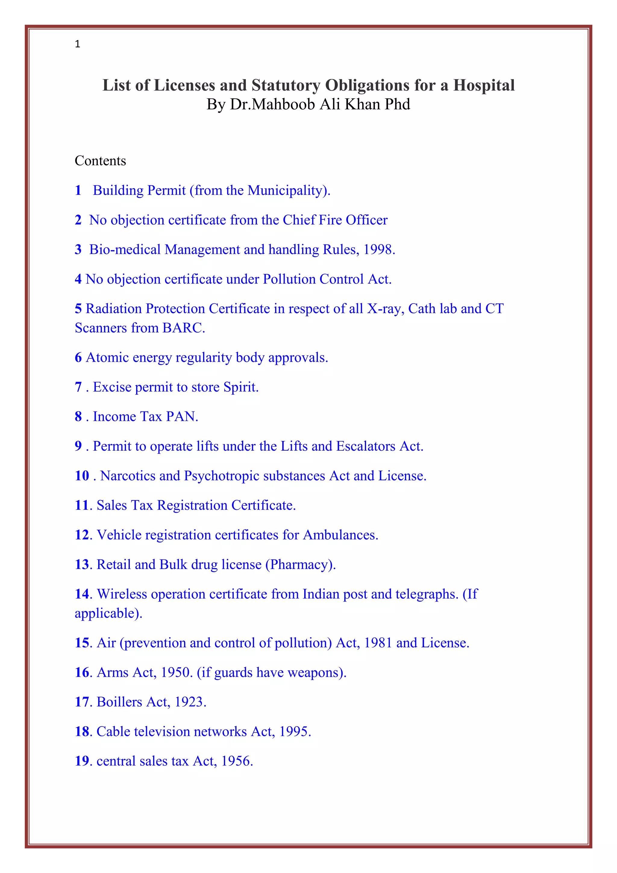 List of Licenses and Statutory Obligations for a Hospital By Dr.Mahboob ...