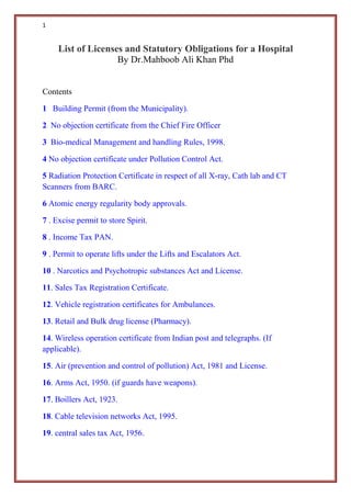 List of Licenses and Statutory Obligations for a Hospital By Dr.Mahboob ...