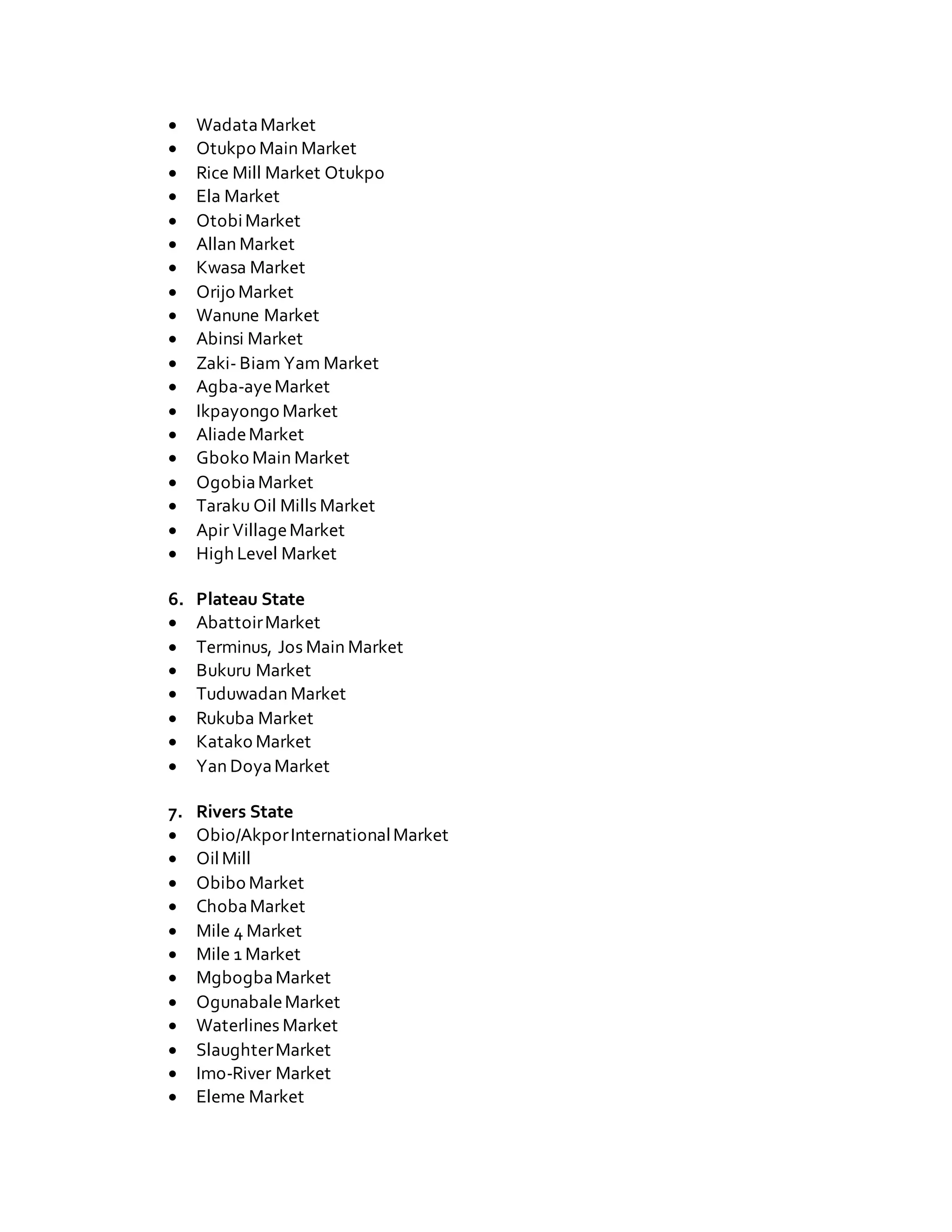 List of Markets in Nigeria | DOCX