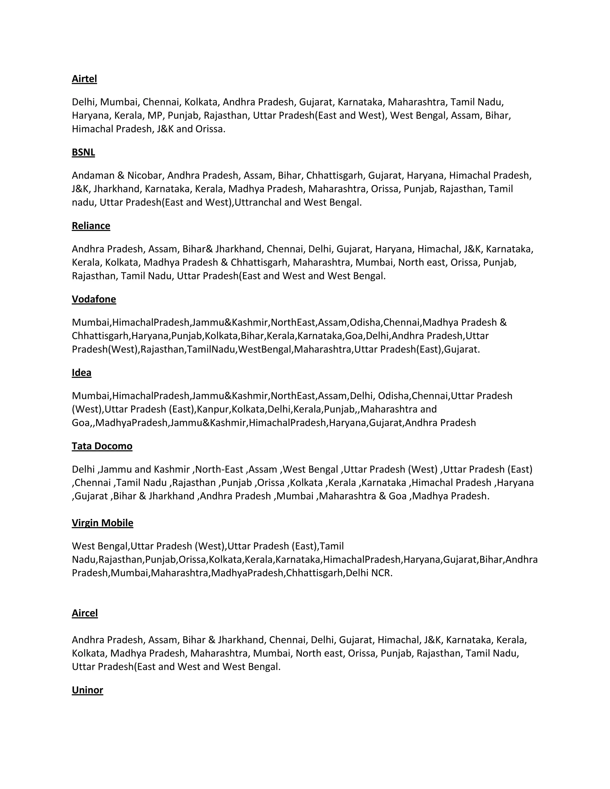 List of mobile service providers | DOCX