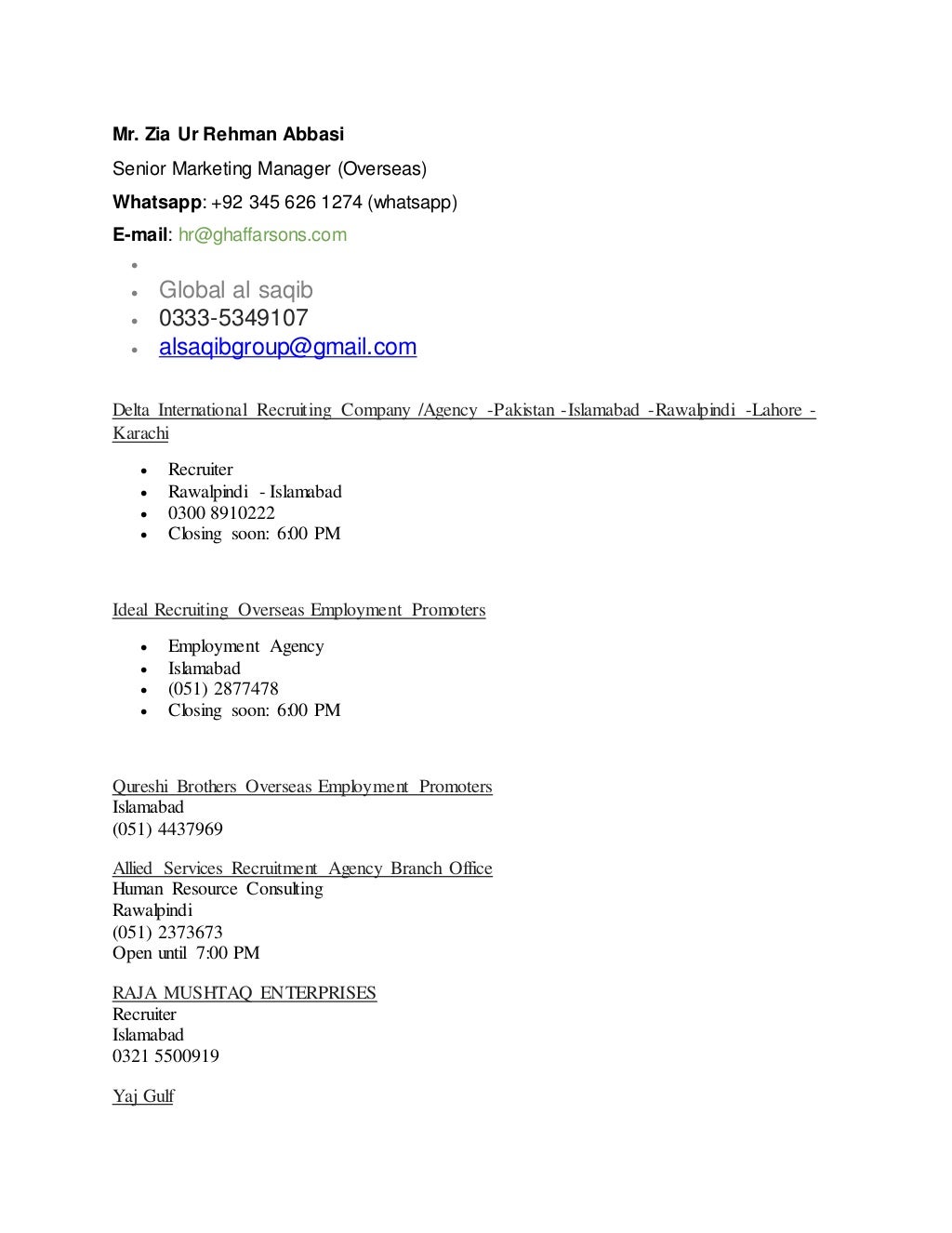 List of overseas employment agencies in pakistan