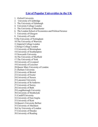 List of popular universities in the uk | PDF