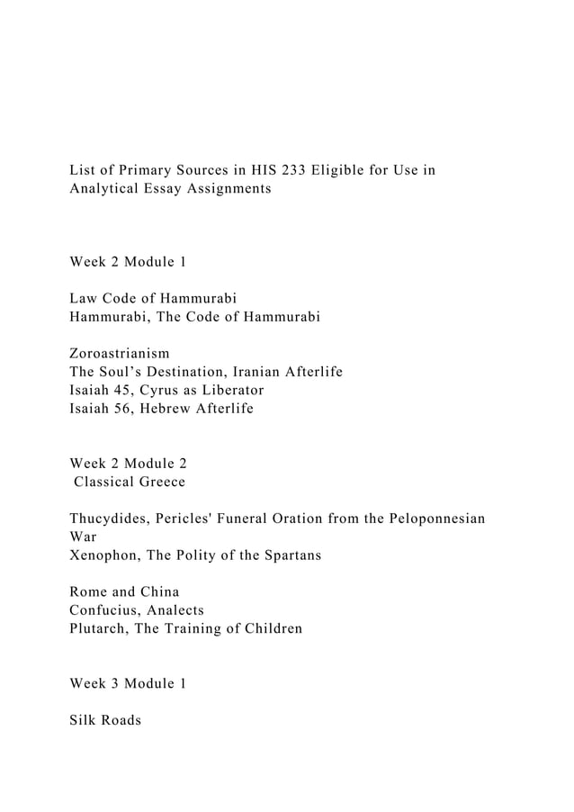 List of Primary Sources in HIS 233 Eligible for Use in Anal.docx