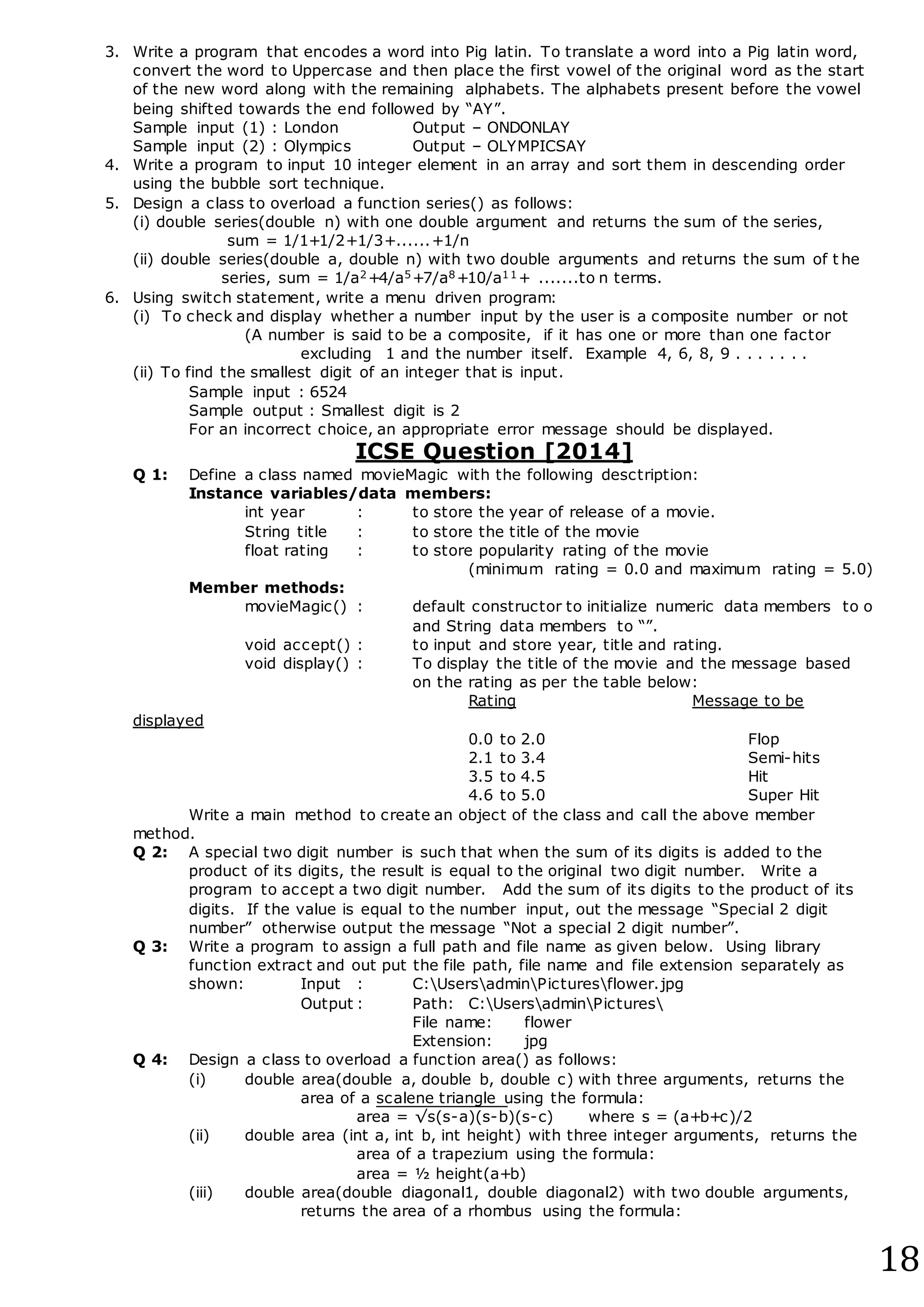 List of programs to practice for ICSE | DOCX