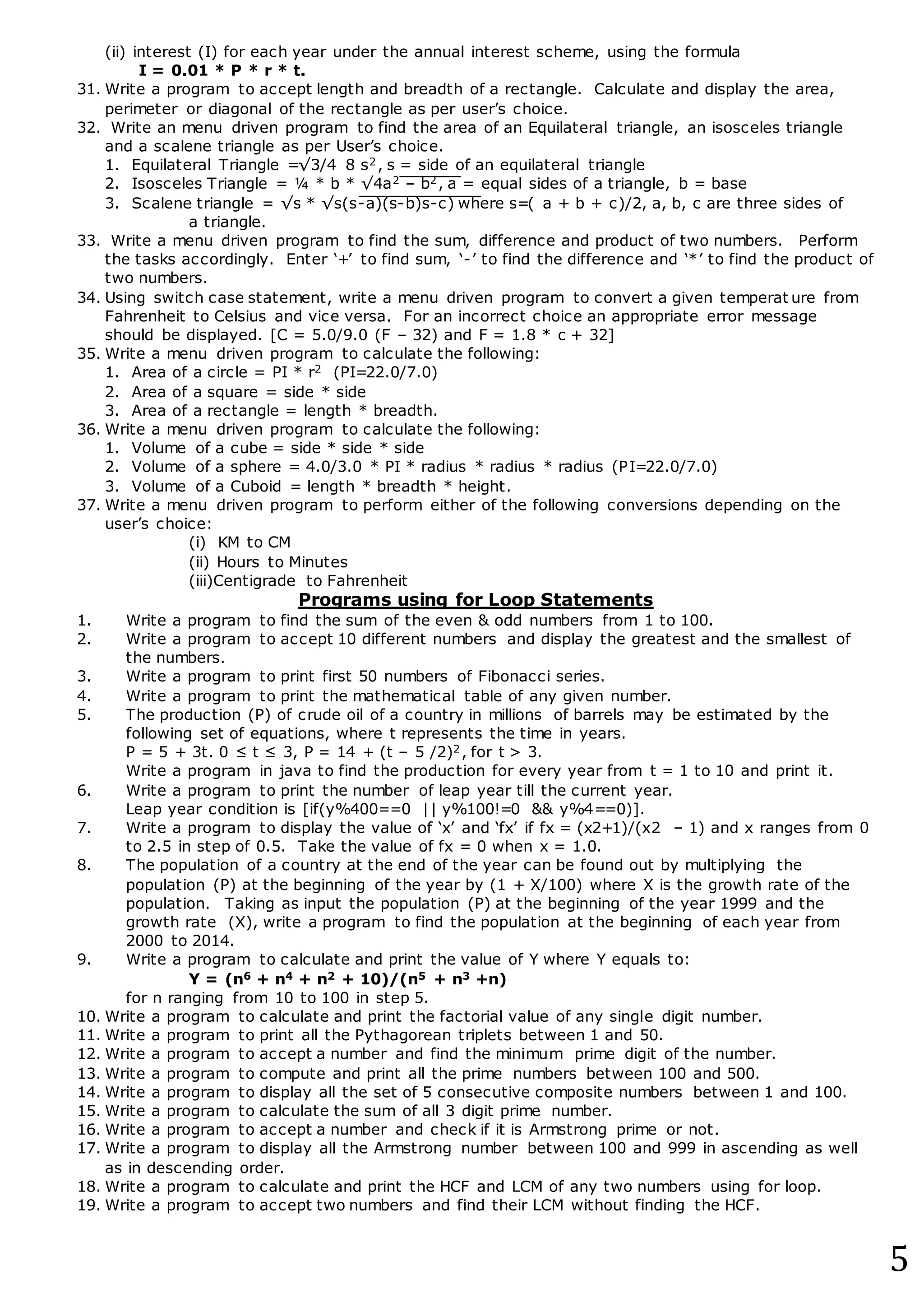 List of programs to practice for ICSE | DOCX