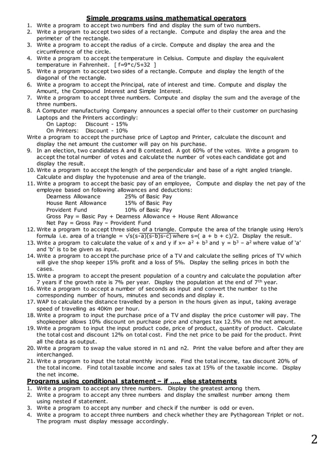 List Of Programs To Practice For Icse Pdf