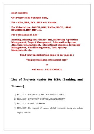 List of projects topics for mba (banking and finance) | DOCX