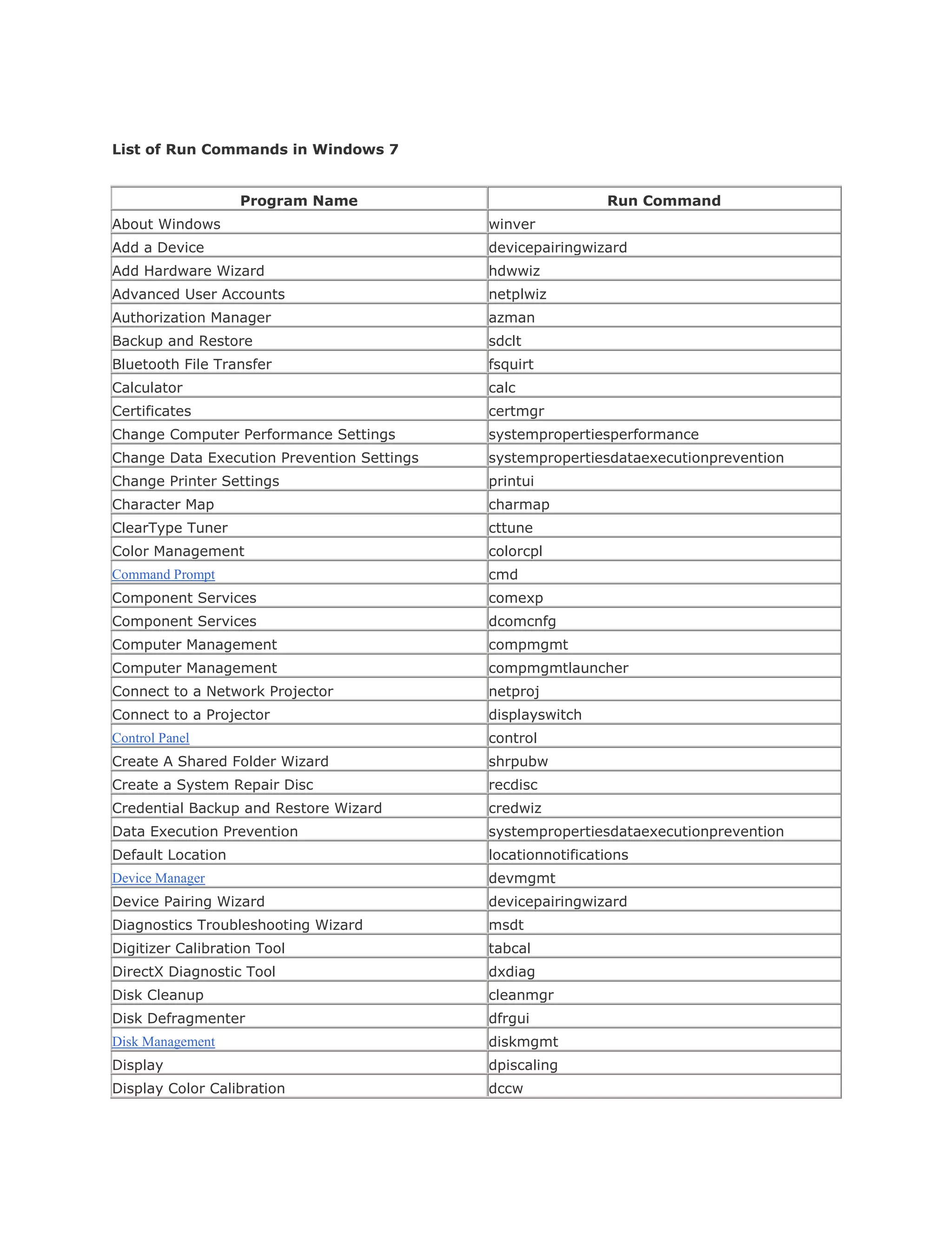 List of run commands in windows 7 | DOCX
