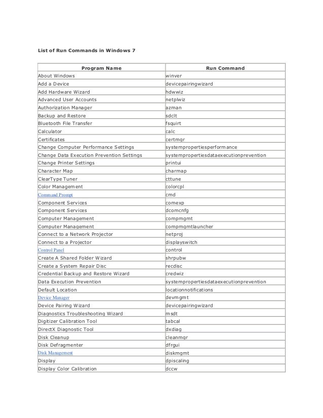 List of run commands in windows 7