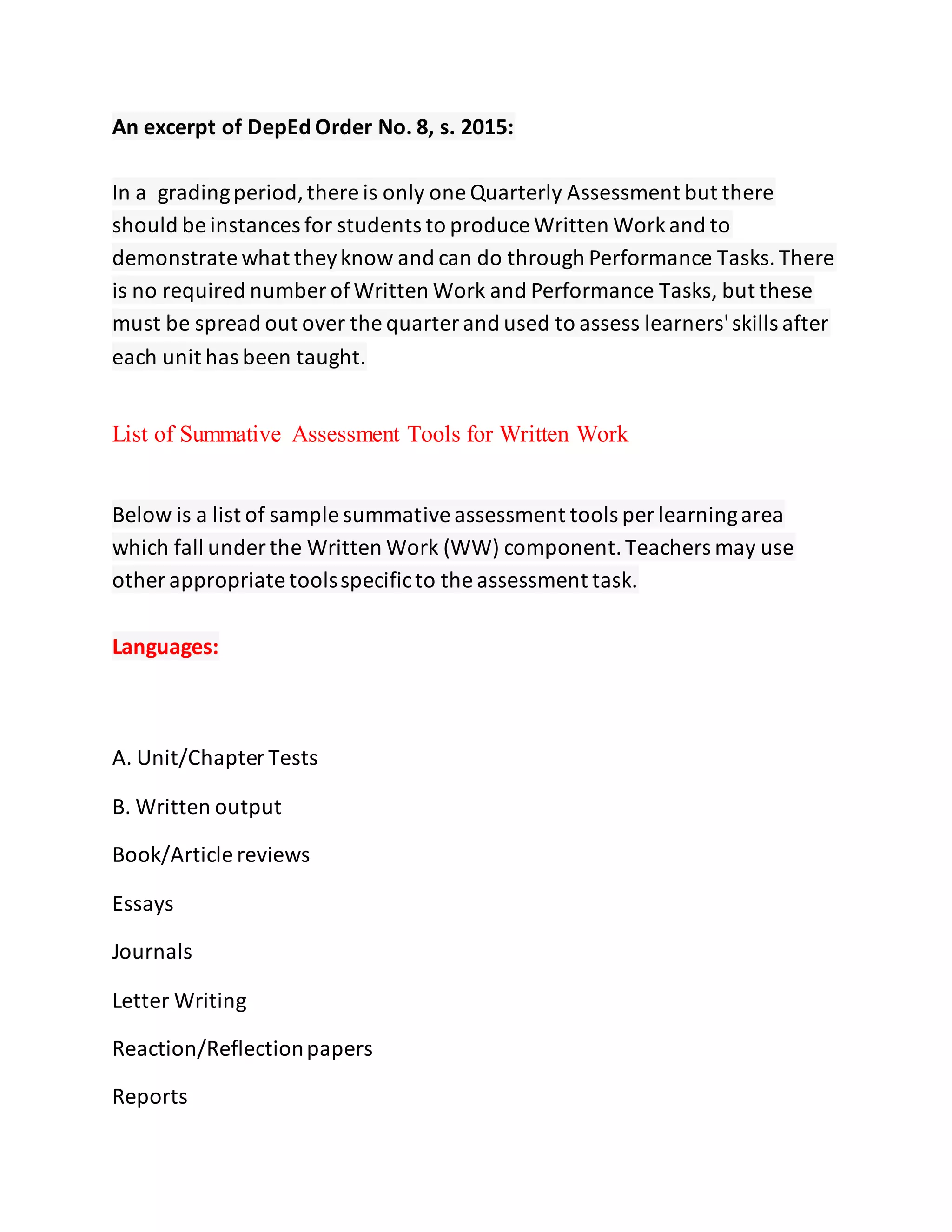 List of summative assessment tools for written work an excerpt of dep ...