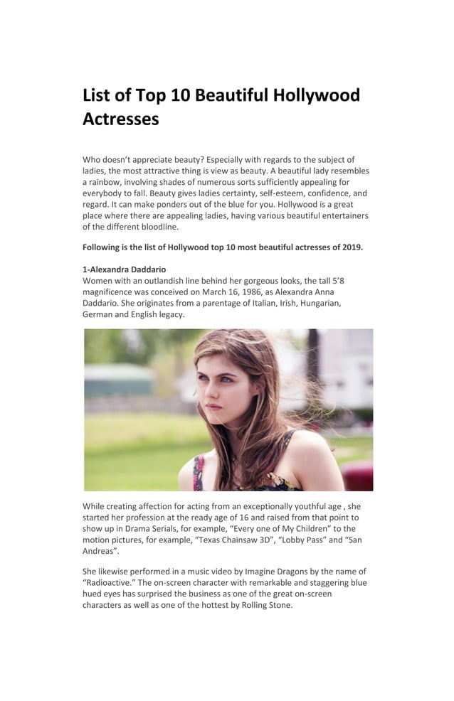 List of top 10 beautiful hollywood actresses | PDF