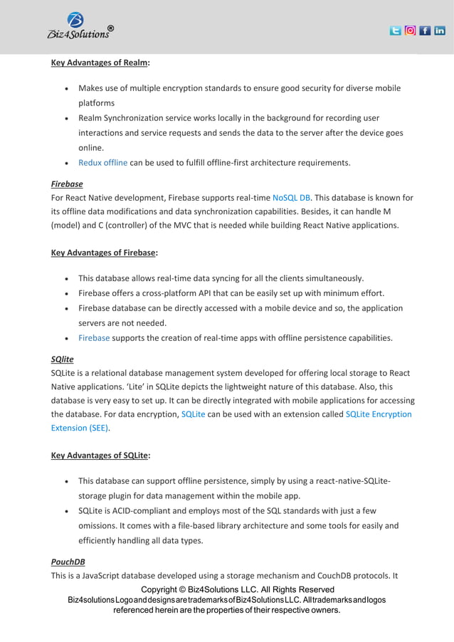 List of Top Local Databases used for react native app developement in 2022 | PDF