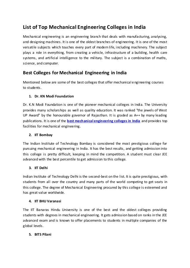 List of Top Mechanical Engineering Colleges in India