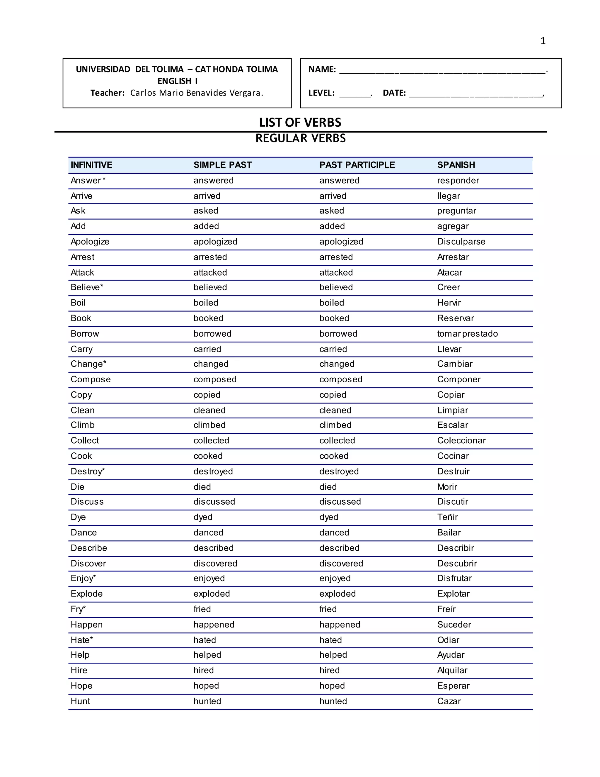 Verbos Regulares E irregulares | DOC