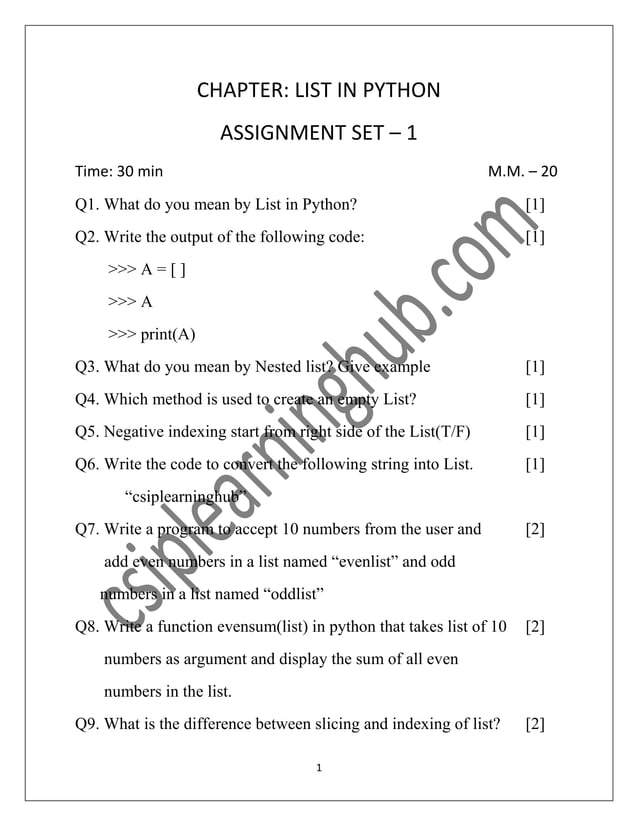 CBSE Python List Assignment CBSE Python List Assignment