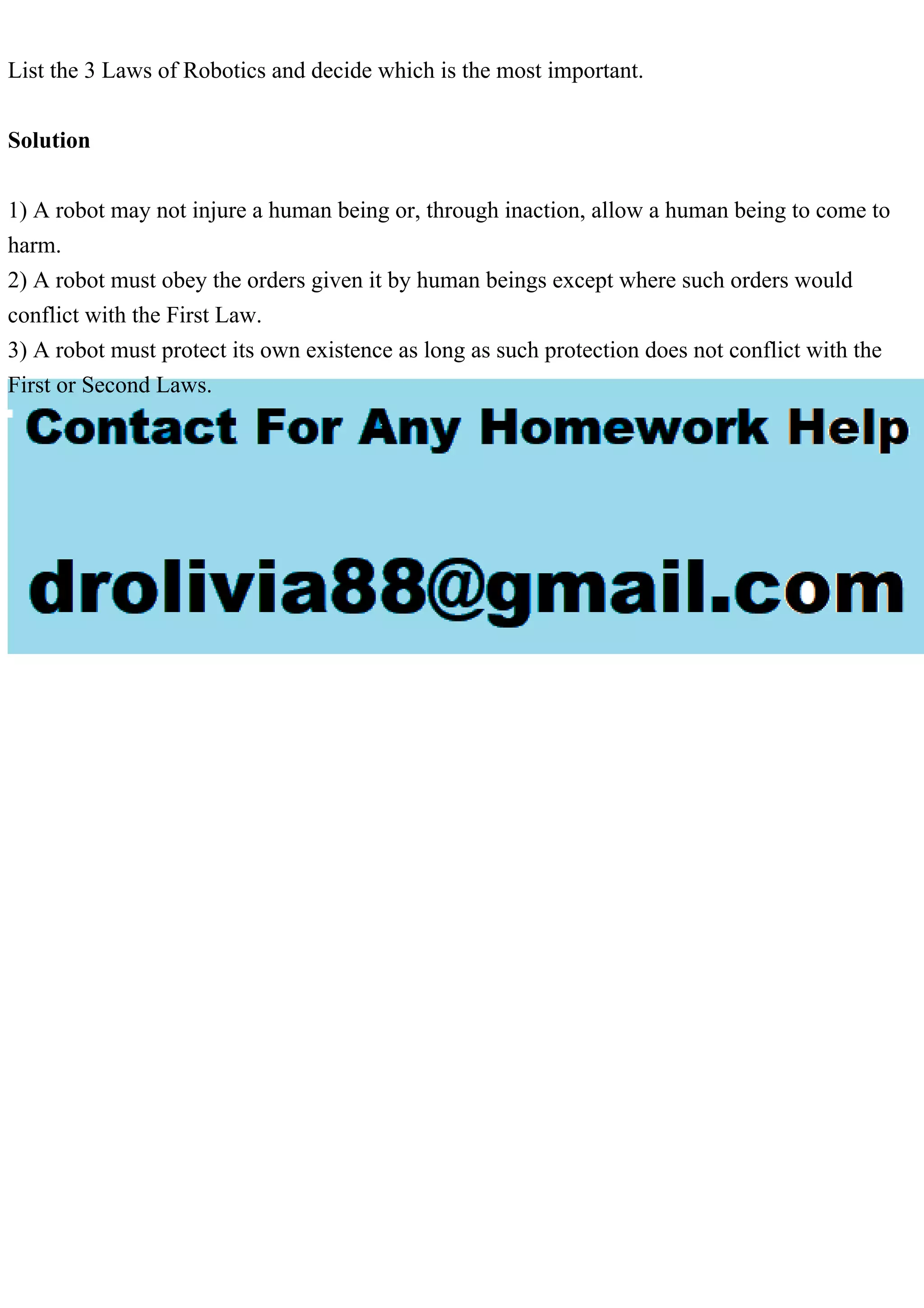 List the 3 Laws of Robotics and decide which is the most important..pdf