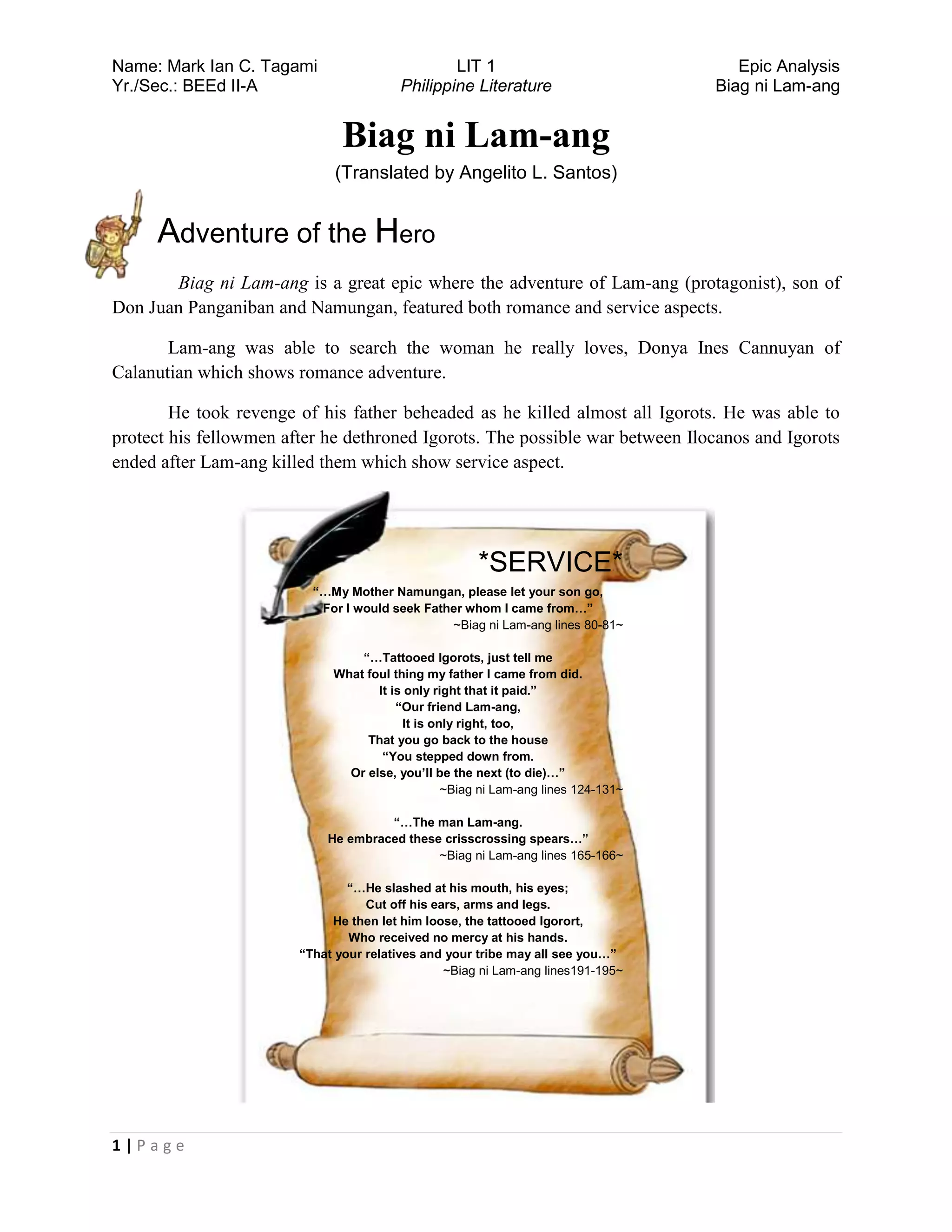 Lit 1 biag ni lam-ang epic analysis | DOCX