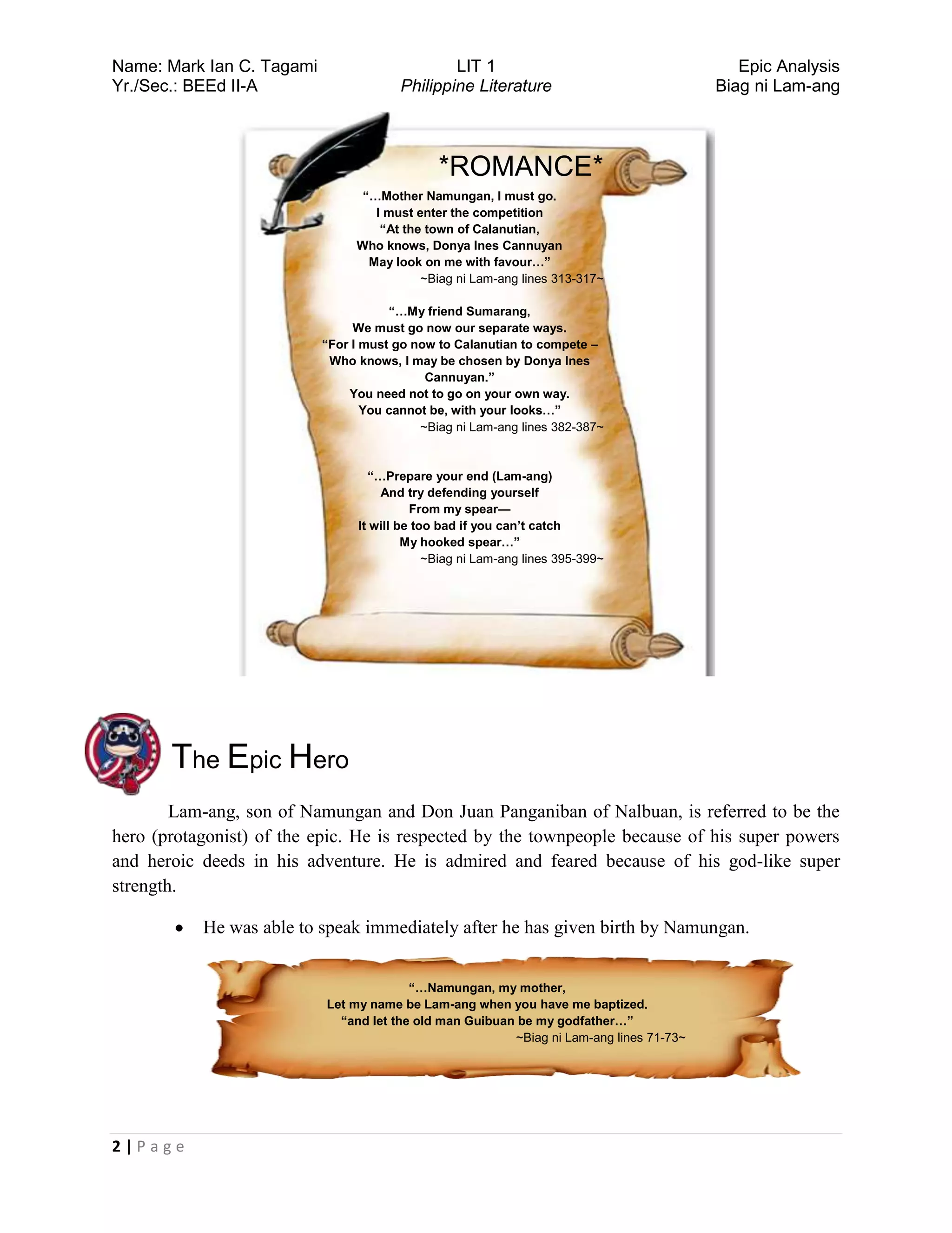Lit 1 biag ni lam-ang epic analysis | DOCX